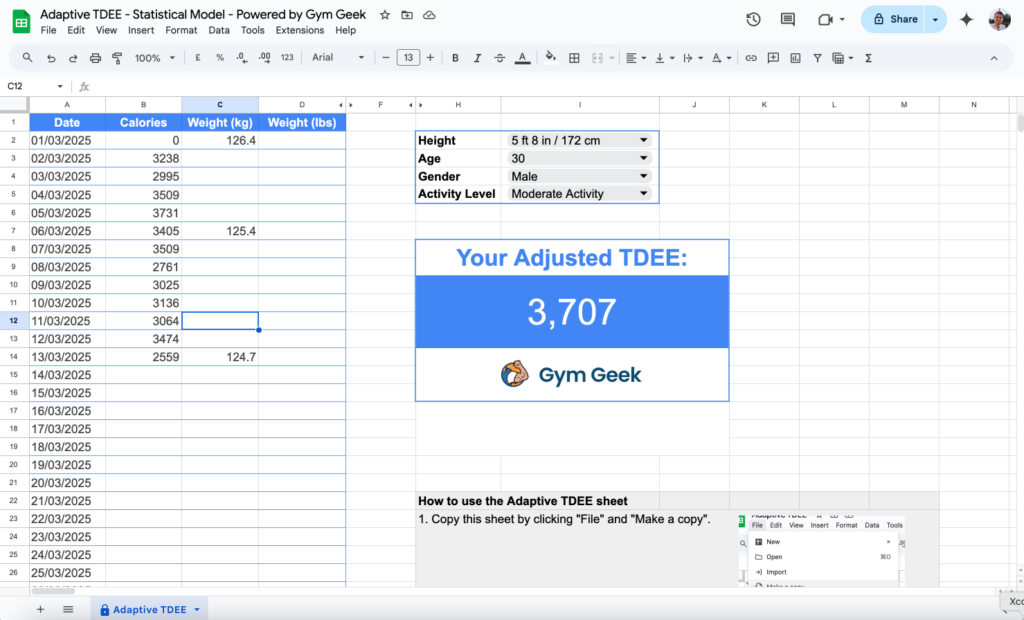 Adaptive TDEE Calculator Spreadsheet - Statistical Model - Gym Geek